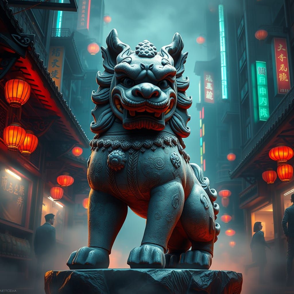 Hong Kong dog - Majestic Fu Dog Guards Hong Kong Cityscape