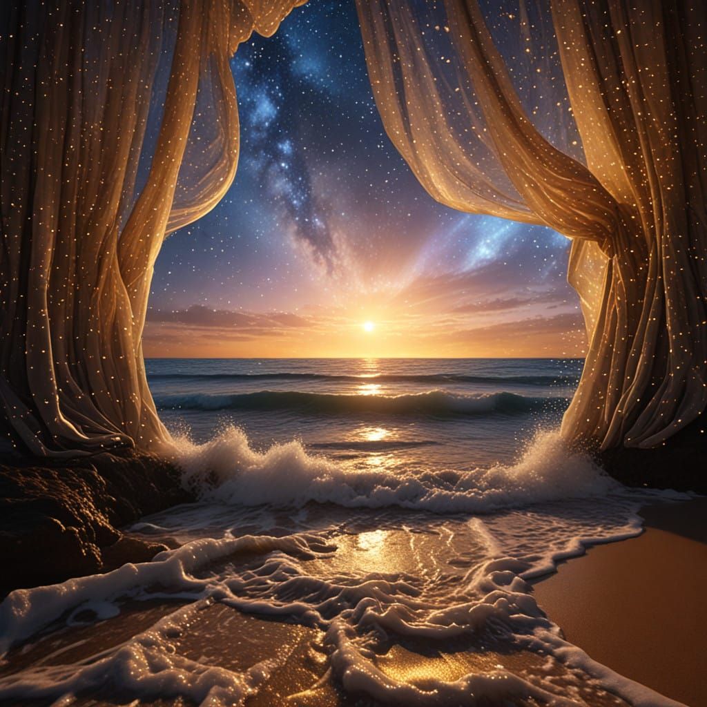 Fantasy Seascape - Mystical Beach at Dusk with Celestial Fus...