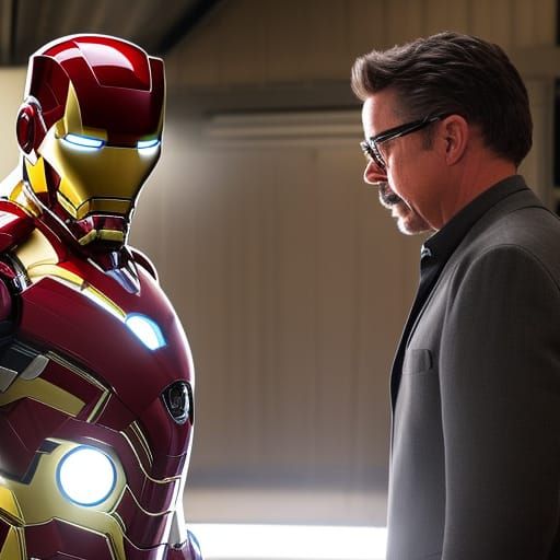 Tony Stark standing in front of his suit