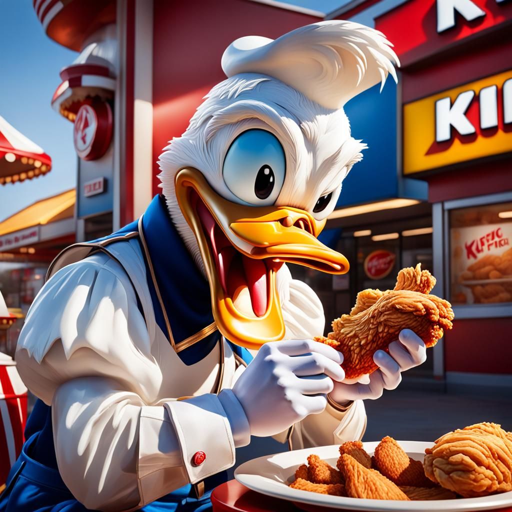 Donald Duck sitting at Kentucky Fried Chicken and eating a fried ...