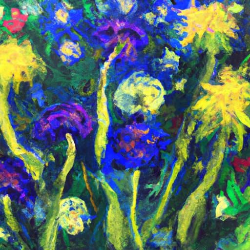 three cornered-garlic/ bluebells daisy dandelions/ brighten the long walk - AI Generated Artwork ...