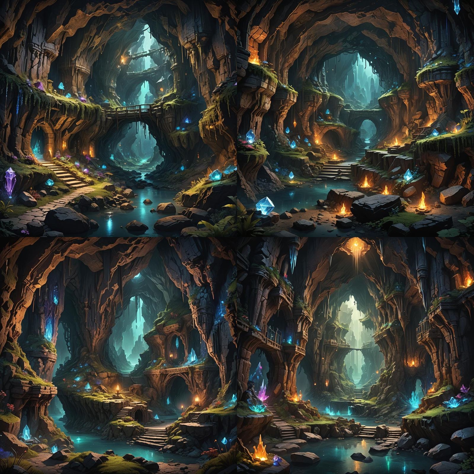D&D. Fantasy scene, dark cavern illuminated by crystals that glow ...