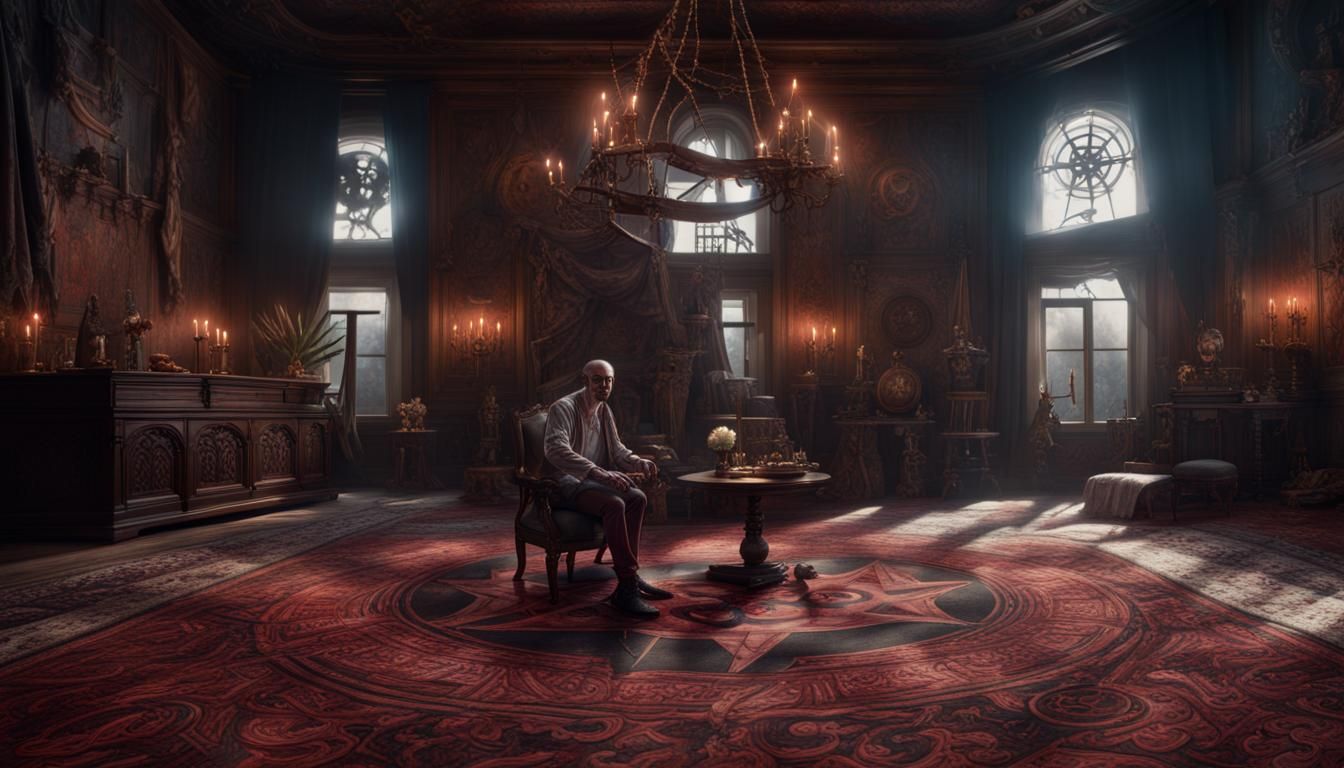 Hyper Realistic huge dark mansion lounge with Zombie-pirate standing on ...