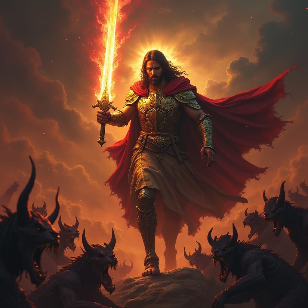Vengeful Jesus Christ Wields Flaming Sword Against... - AI Art