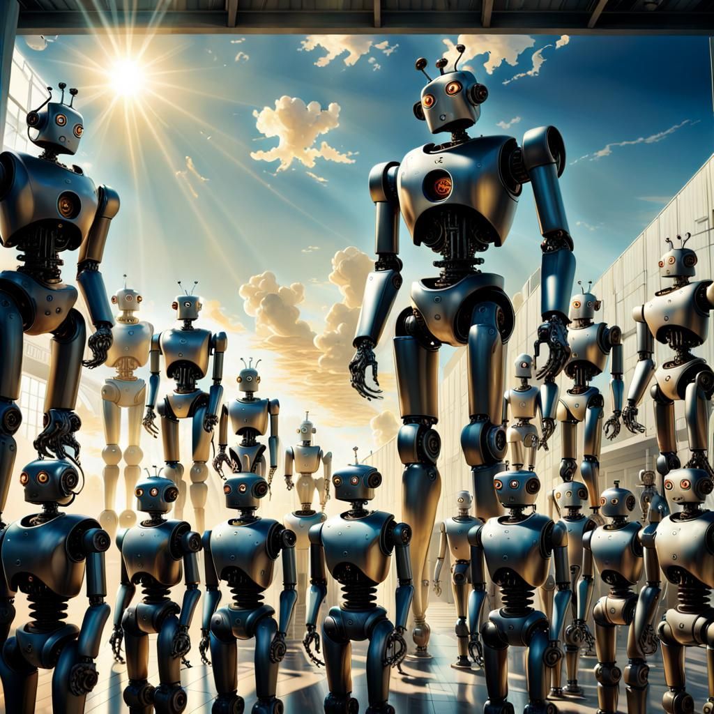Several lines of countless robots in a massive factory, overseen by a ...