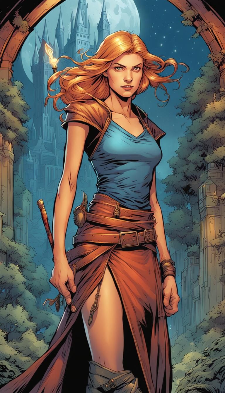 Beautiful female wizard. Reddish-blonde hair. Fantasy setting. Pencil ...