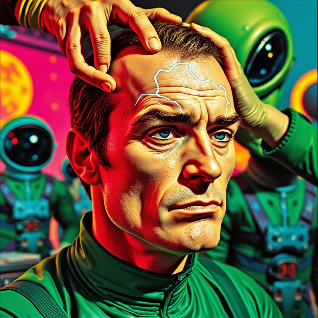 Psychedelic Man Scratched by Alien in 1960s Style - AI Art