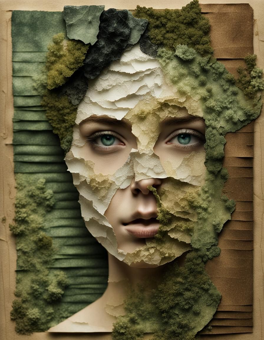 tactile collage portrait made from differently textured papers ...