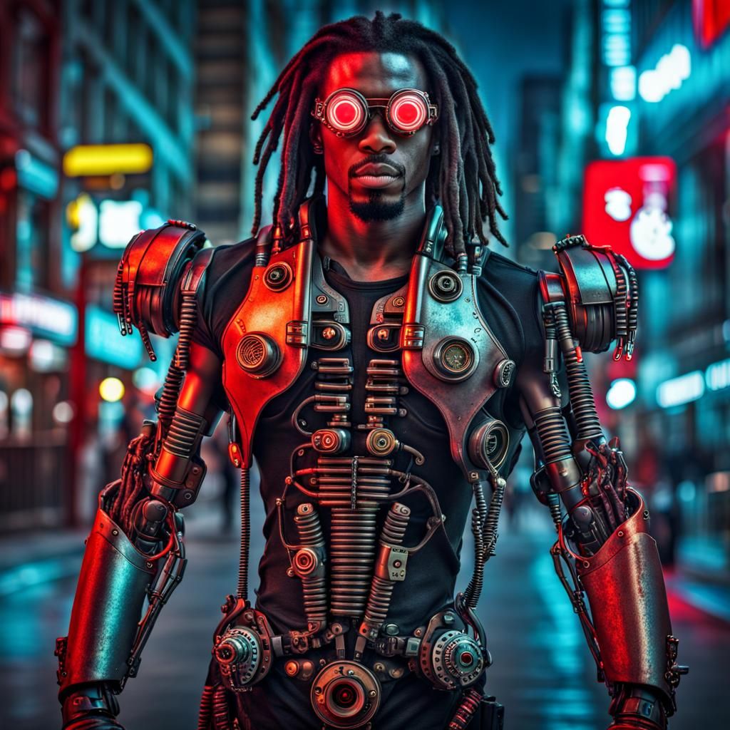 steampunk cyborg with robotic with implants coming out of his body ...
