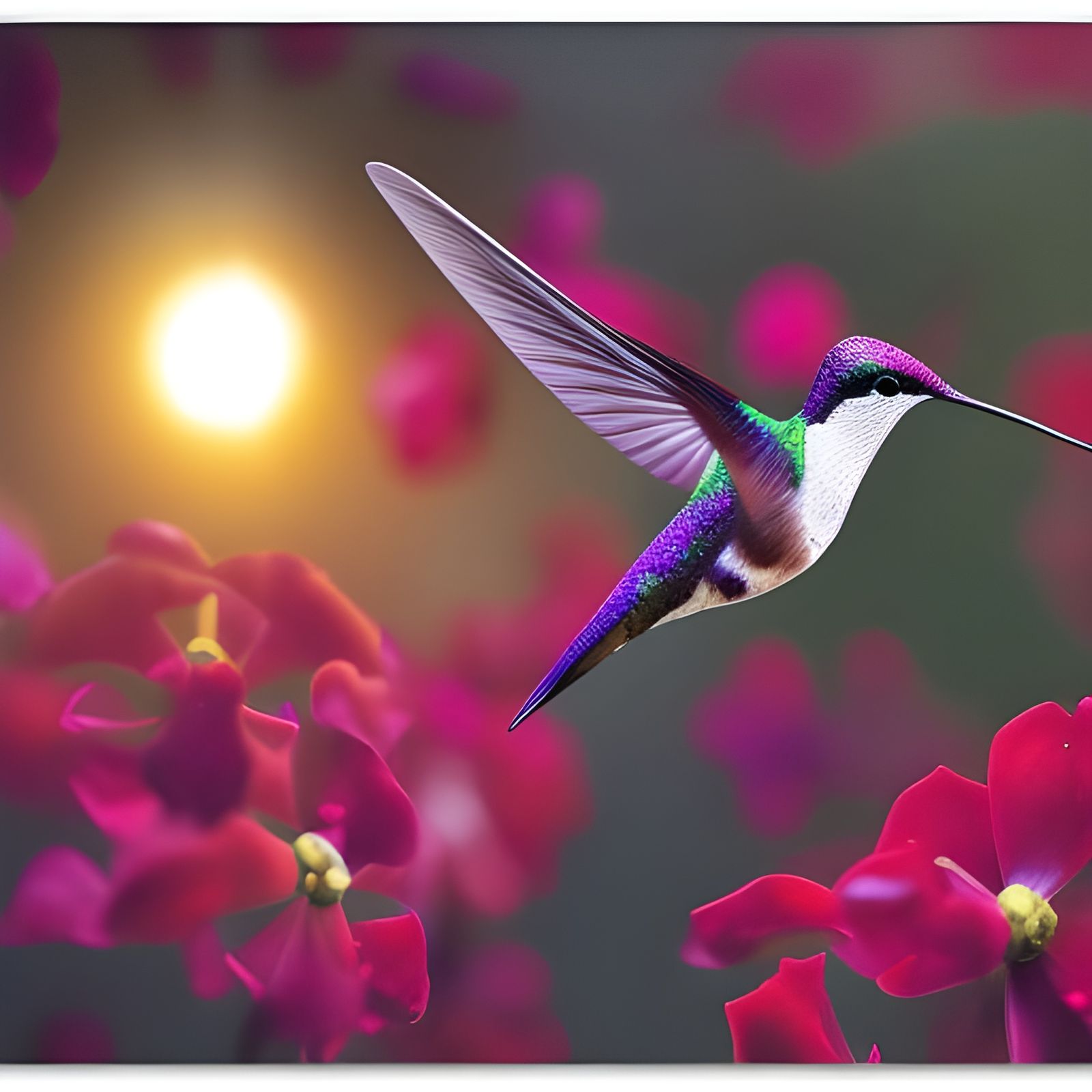 Dreamy, elegant, hummingbirds earing at red flowers in the morning ...