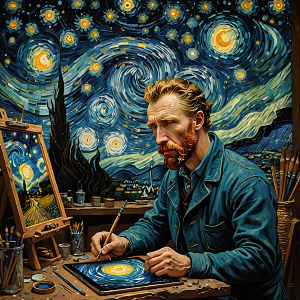 Vincent Van Gogh, using an iPad tablet to paint Starry Night - AI ...