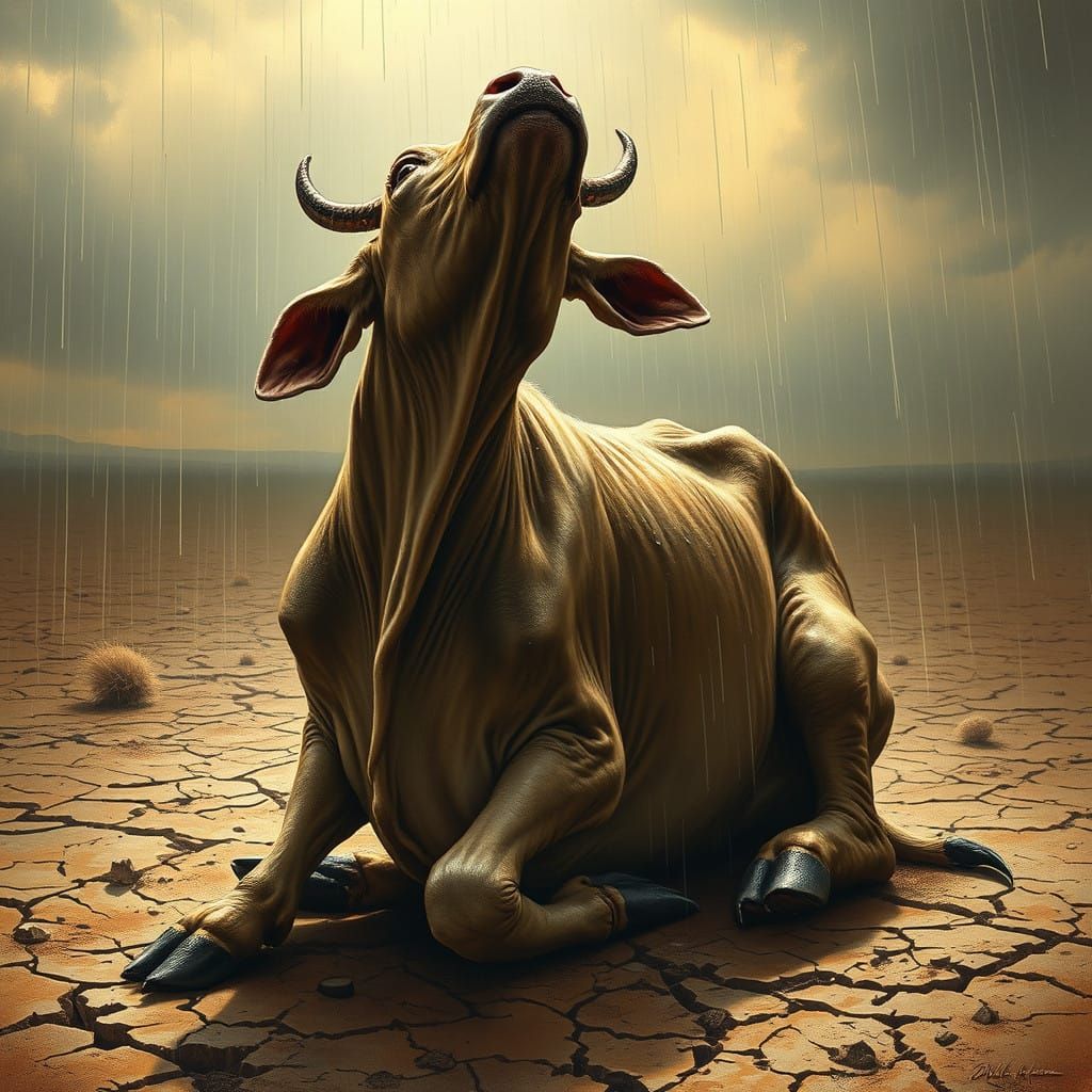 At Last! - A Cow Seeks Relief in the Rain, in Rustic Realism