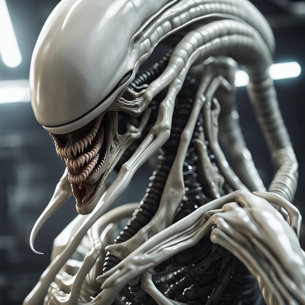 a close up of a very strange looking creature, white xenomorph, alien ...