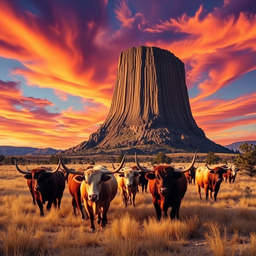 Longhorn Cattle at Devil's Tower - Longhorn Cattle at Devil'...