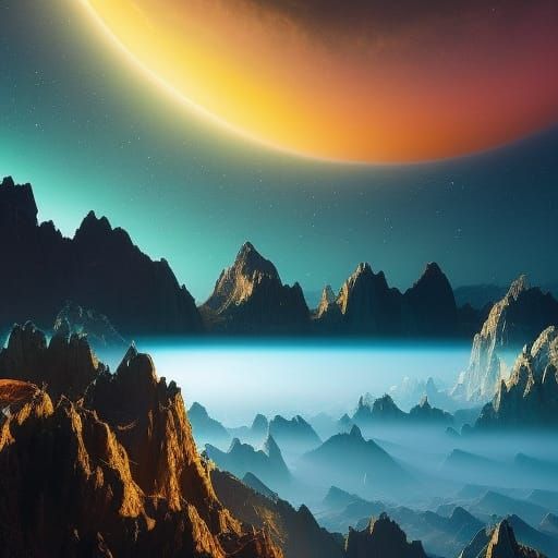 beautiful planet with rings and moons seen from outer space. nebula ...