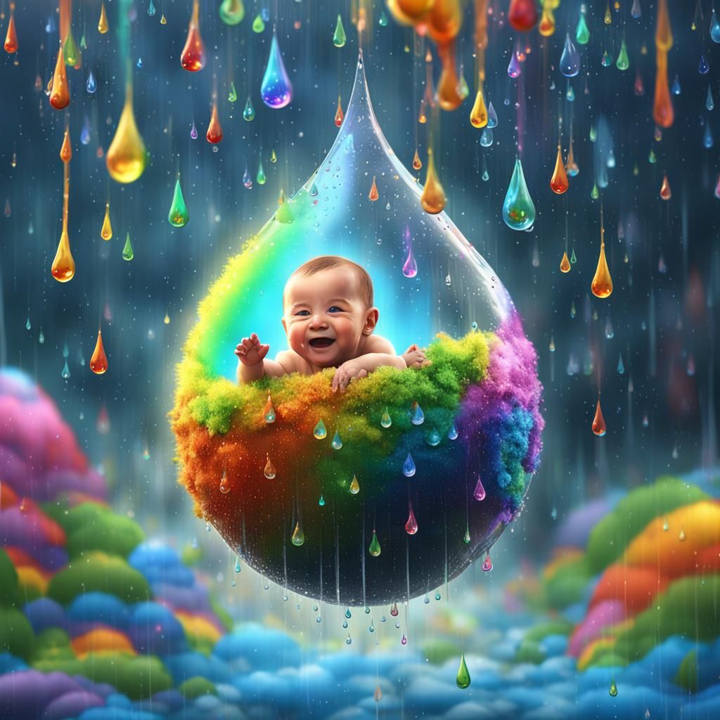 a tiny baby inside a huge raindrop, floating towards earth on a ...
