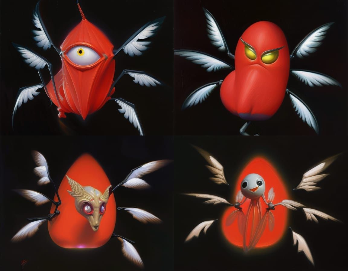 red alien with six short limbs and six floating wings, and one yellow ...