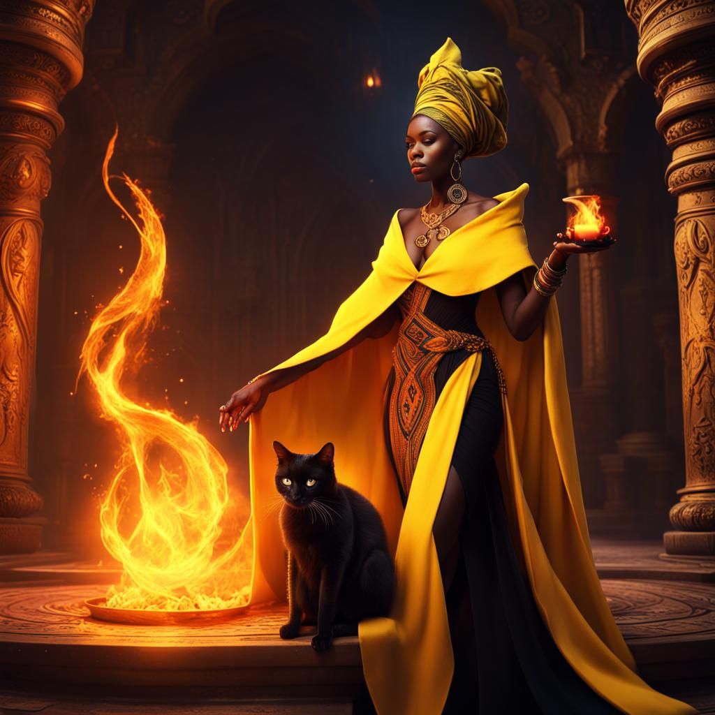 A beautiful African goddess fire witch wearing a bright yellow cloak ...