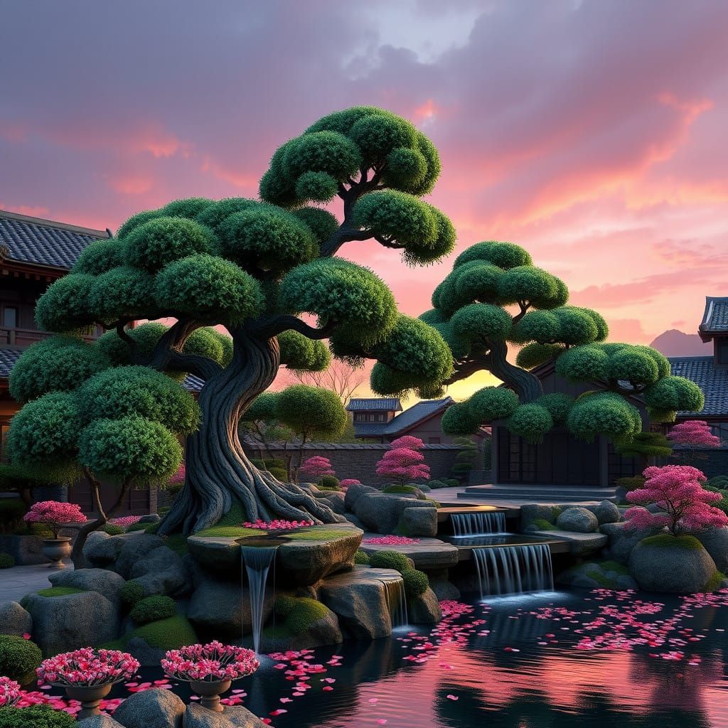 very realistic sculpted large green bonsai trees in a Japanese garden ...