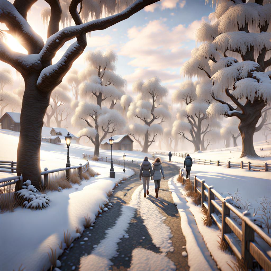 People walking in a beautiful landscape covered in snow photorealism ...