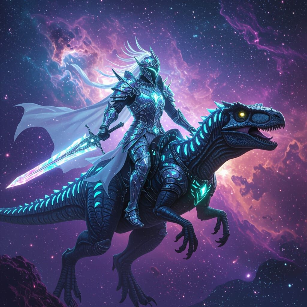 Celestial Warrior Rides Bioluminescent Raptor Thro... - AI Art
