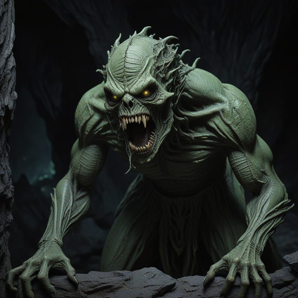 Grotesque Ghoul Creature in Dark Cave Entrance - AI Art