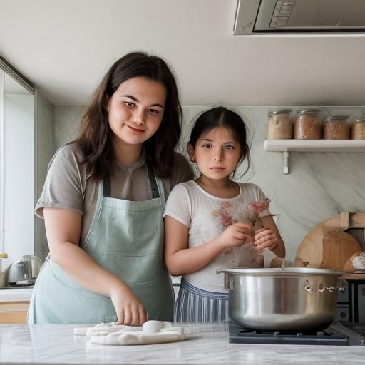 Lhasa de Sela with her Daughter Shina Moori, together at the marble counter, rolling dumblings ...