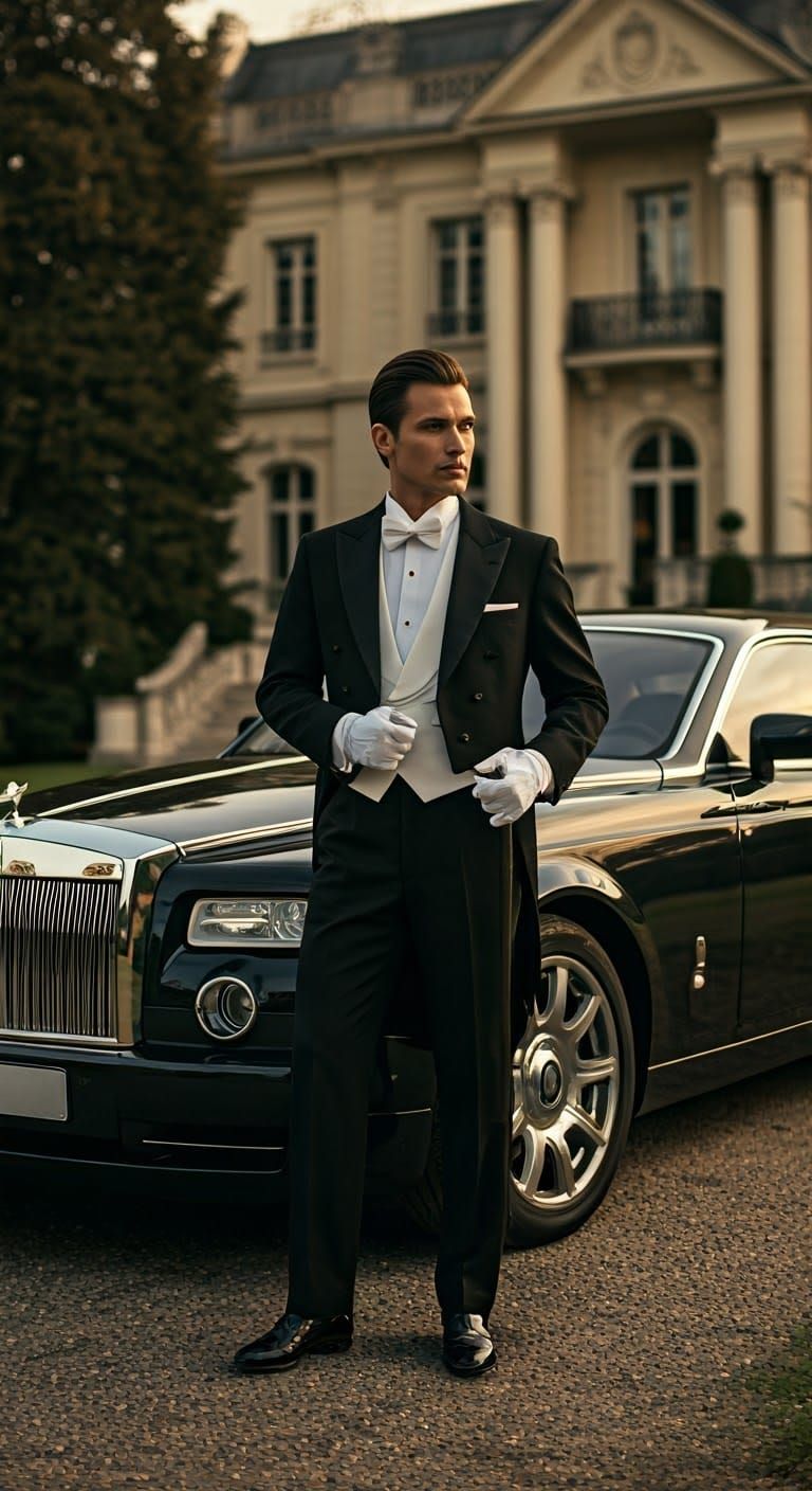 Posh - Elegant Gentleman in Formal Attire Beside Luxury Roll...