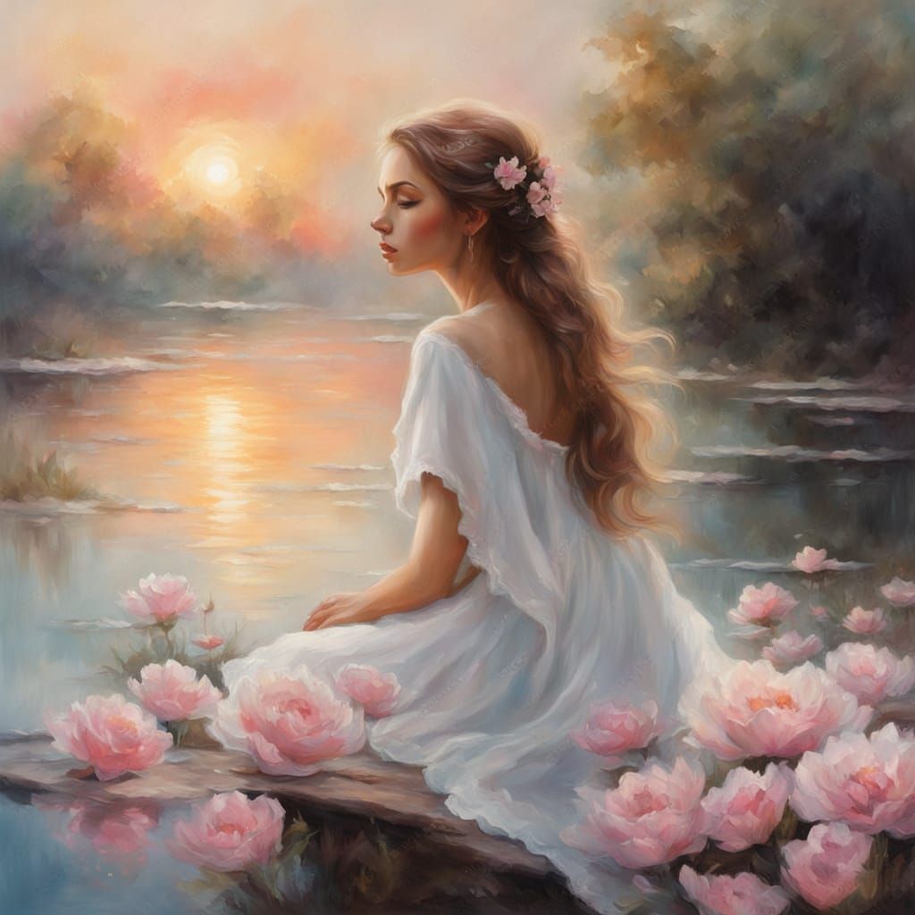 Fantasy Lady in Sunset Glow, Whimsical Oil Paintin... - AI Art