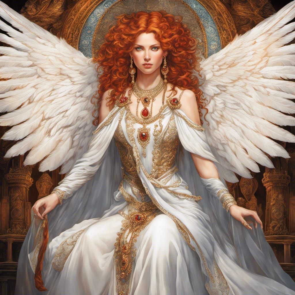 Gorgeous curly red-headed goddess, jewelry, finely detailed eyes ...