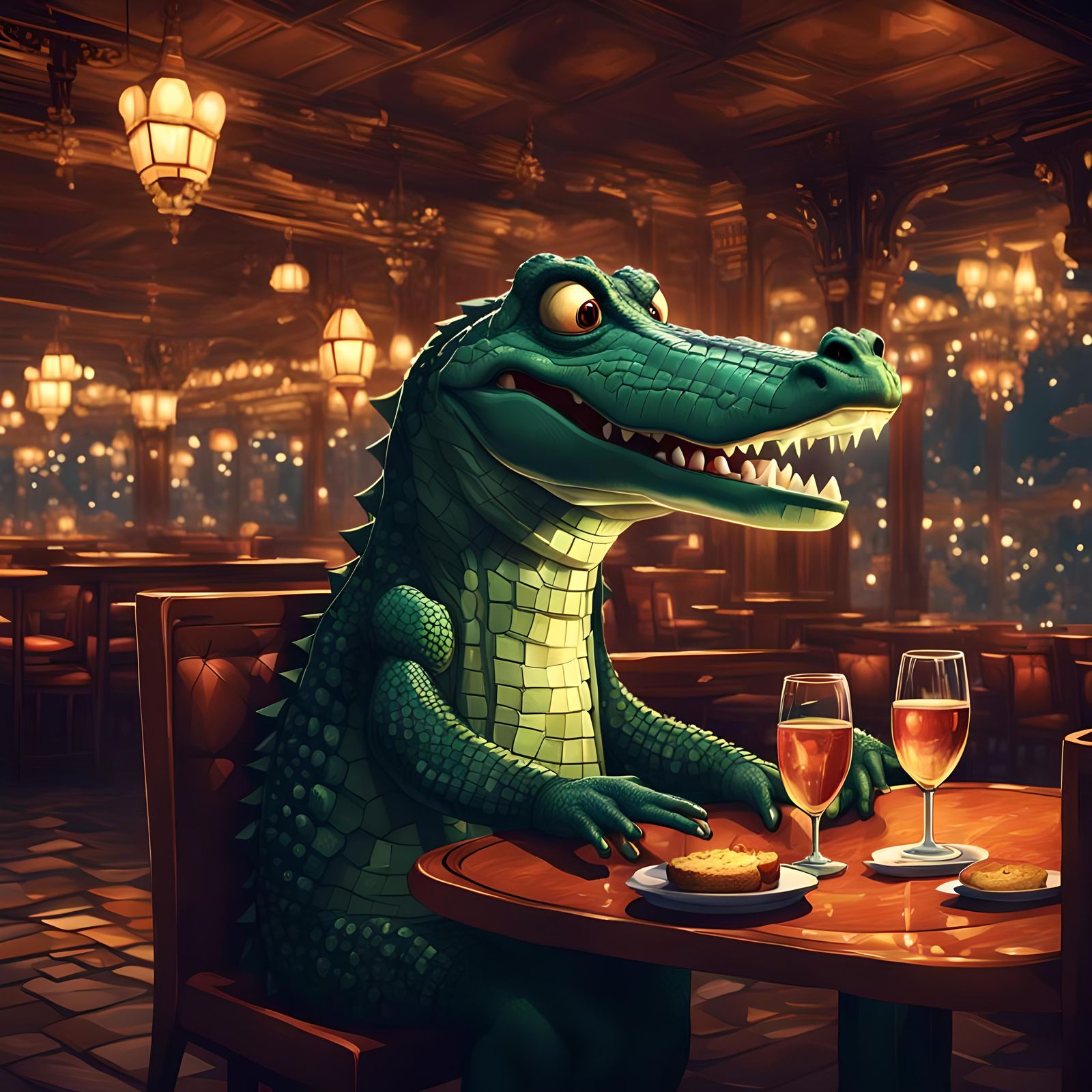 Alligator eating at a restaurant - AI Generated Artwork - NightCafe Creator