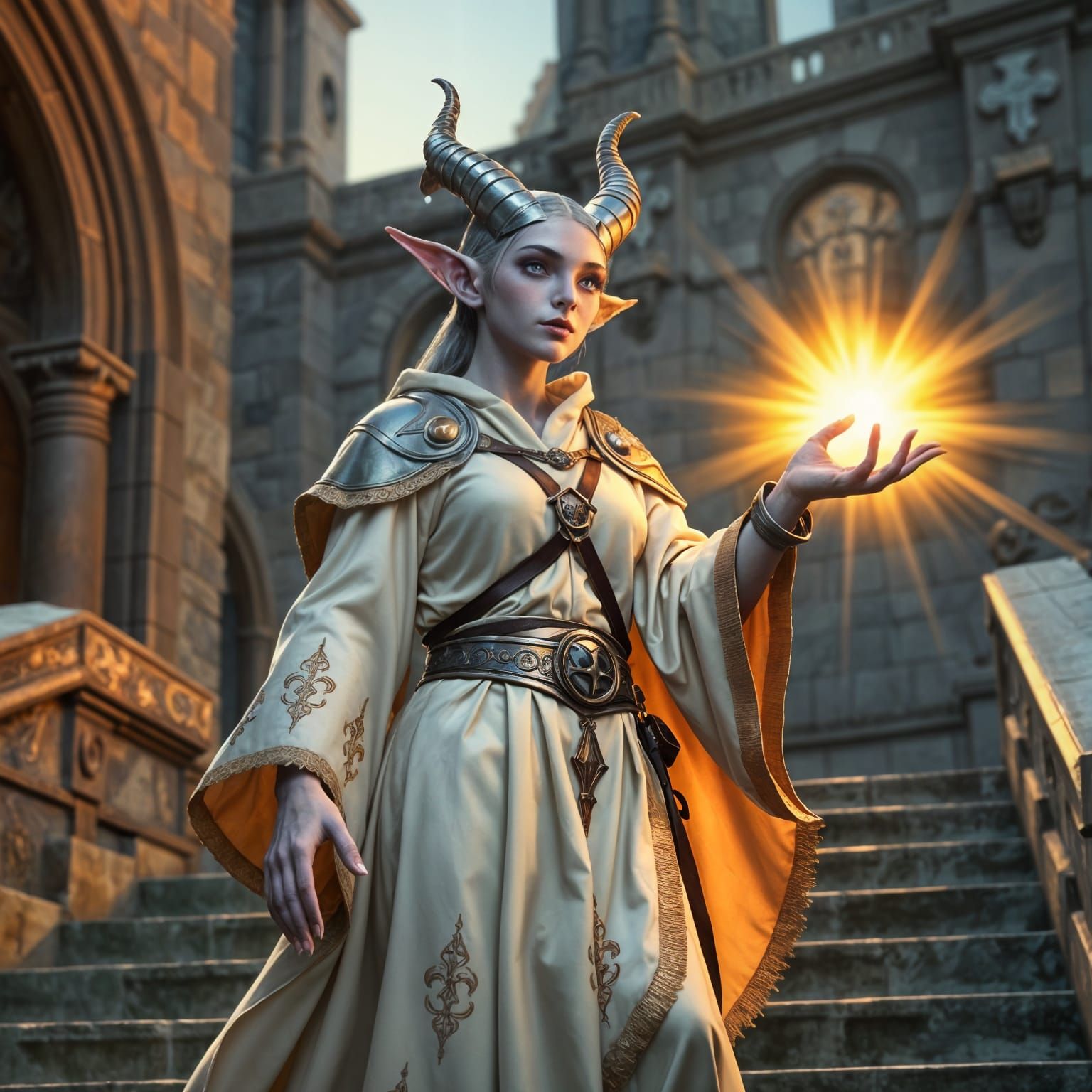 Surreal Tiefling Cleric Amidst Magical Temple Hues - AI Art