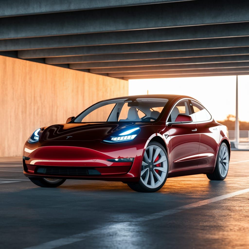 Red Tesla model 3 - Sleek Red Tesla Model 3 in Golden Light