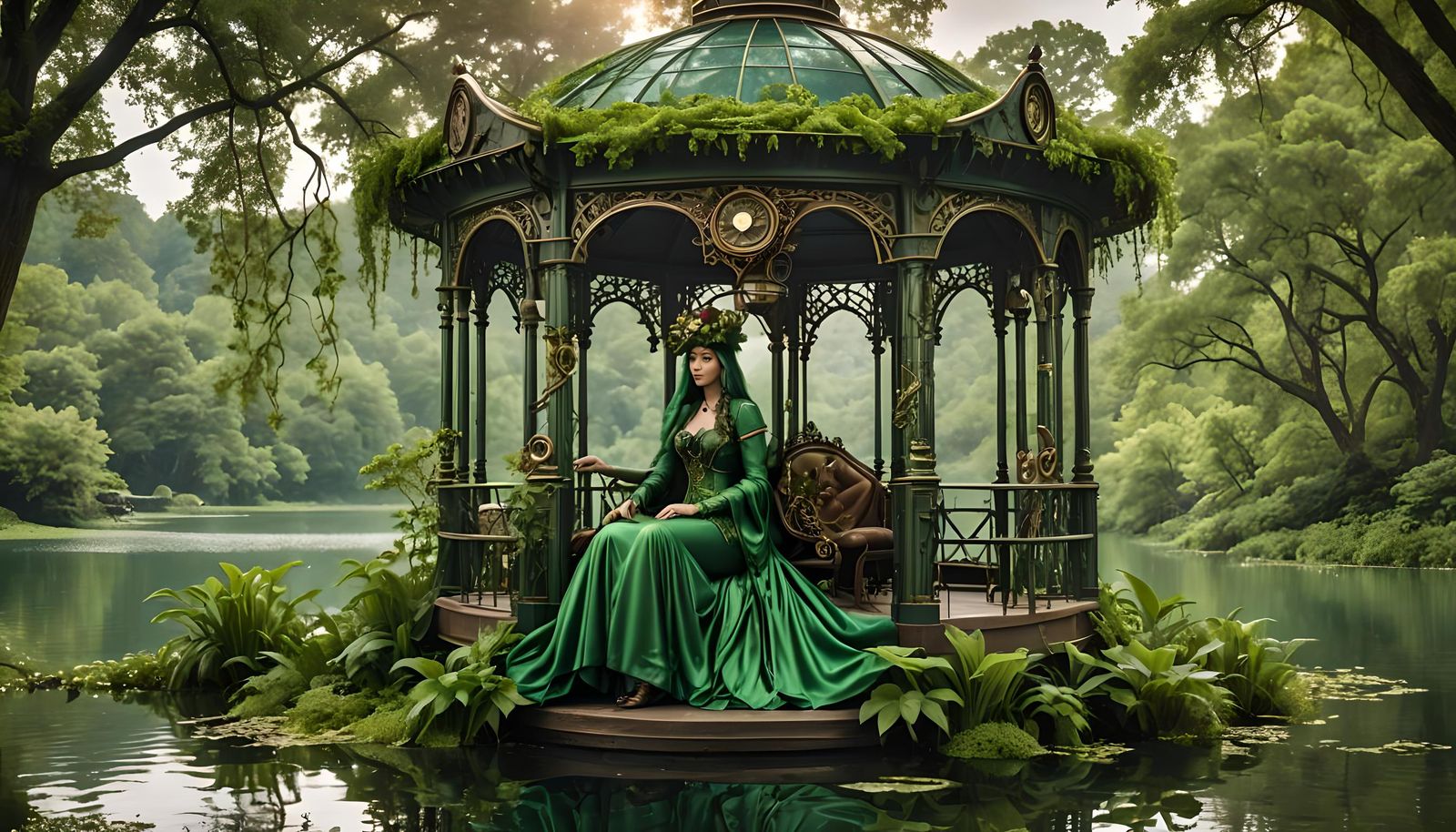 green clad earth mother Gaia in steampunk Gazebo on lush lake - AI ...