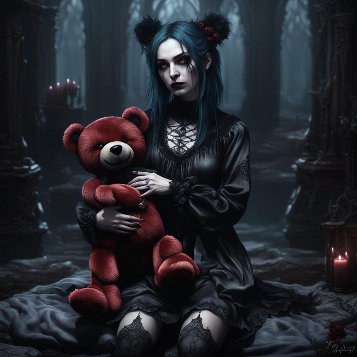 Hot goth girl in her pj's cuddling a gothic 10 feet teddybear - AI ...