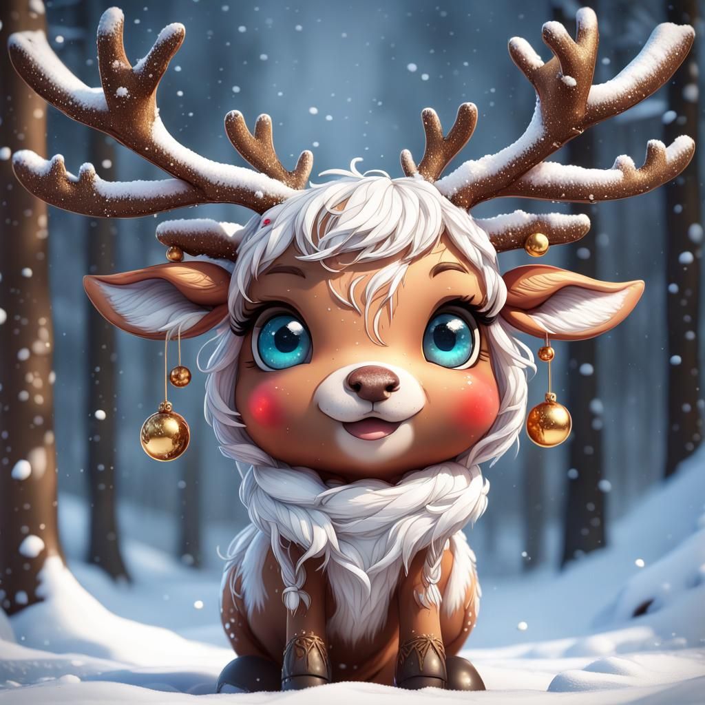 Cute adorable chibified Reindeer, Jingle bells, shiny detailed sharp prismatic eyes, snow, happy ...