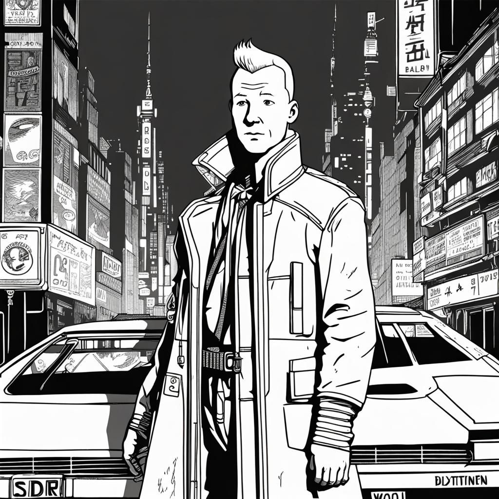 Tintin as blade runner at a blade runner style street, line art, ligne ...