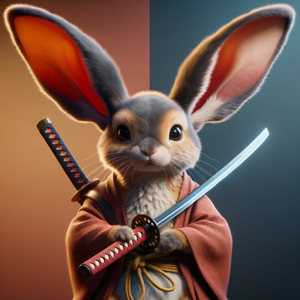 Cute rabbit with large floppy ears, holding a samurai sword, realistic ...