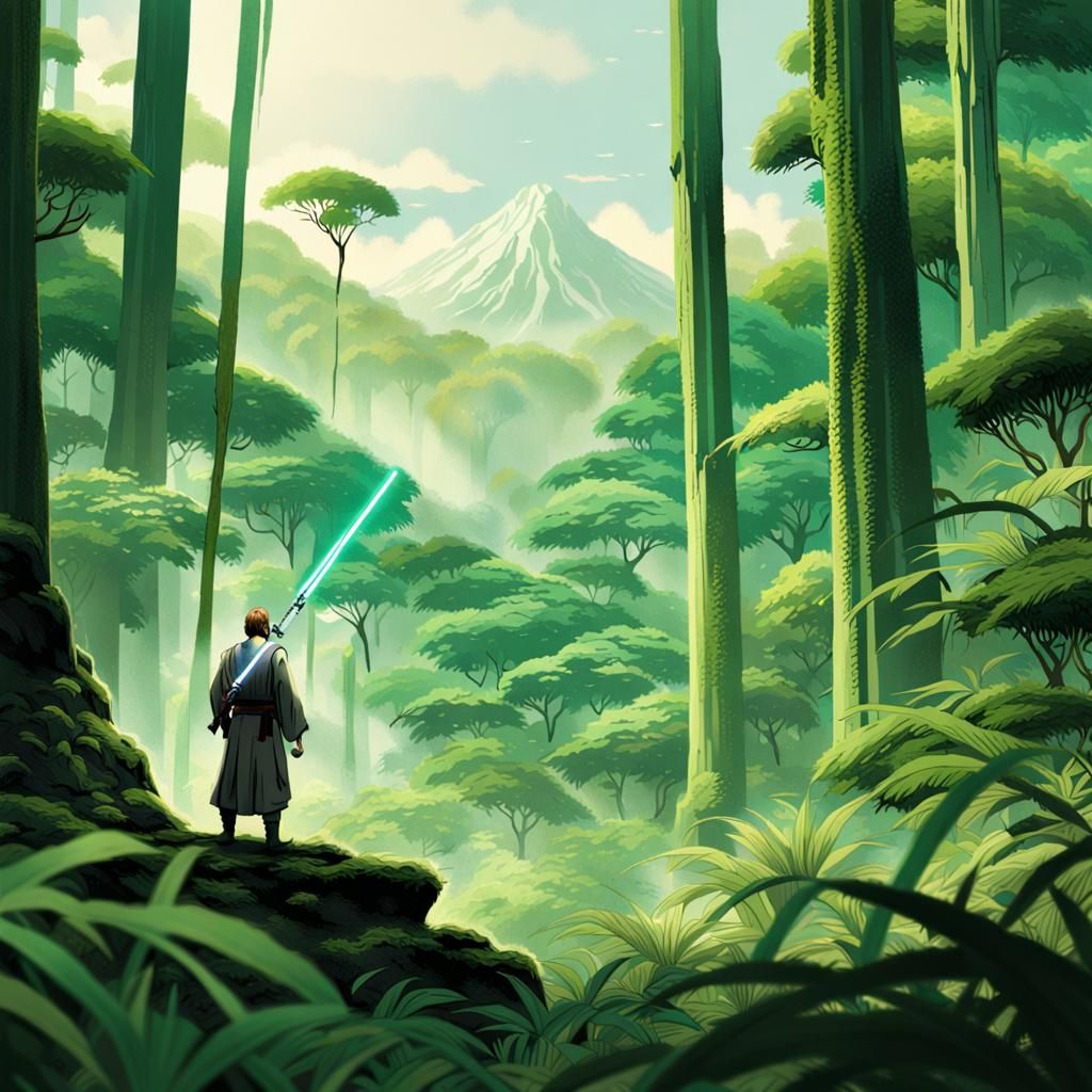 obi one kenobi on jungle after battle turning back with green ...