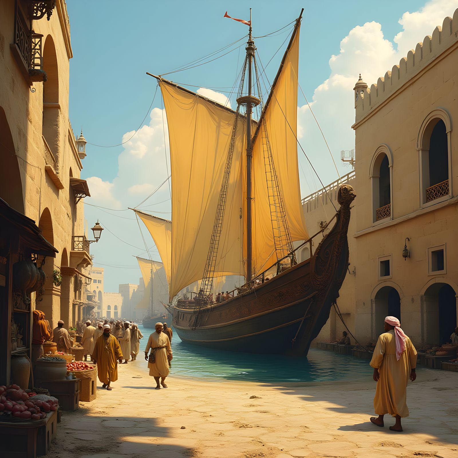 Majestic Dhow Boat in Arabian Golden Age Port - AI Art