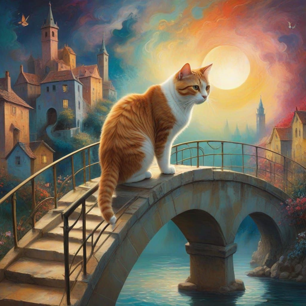 Whimsical Surrealist Cat Bridge Scene in Vibrant D... - AI Art