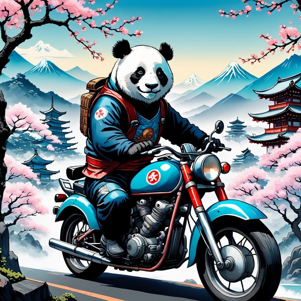 Panda riding a motorcycle, in ukiyo-e style
