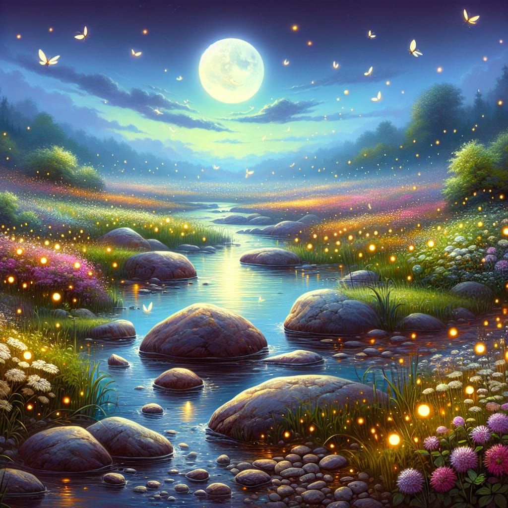 A spring night fantasy landscape at a river. Boulders and rocks ...