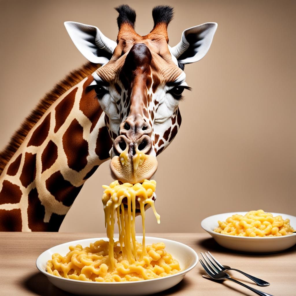 A giraffe eating Mac and cheese - AI Generated Artwork - NightCafe Creator