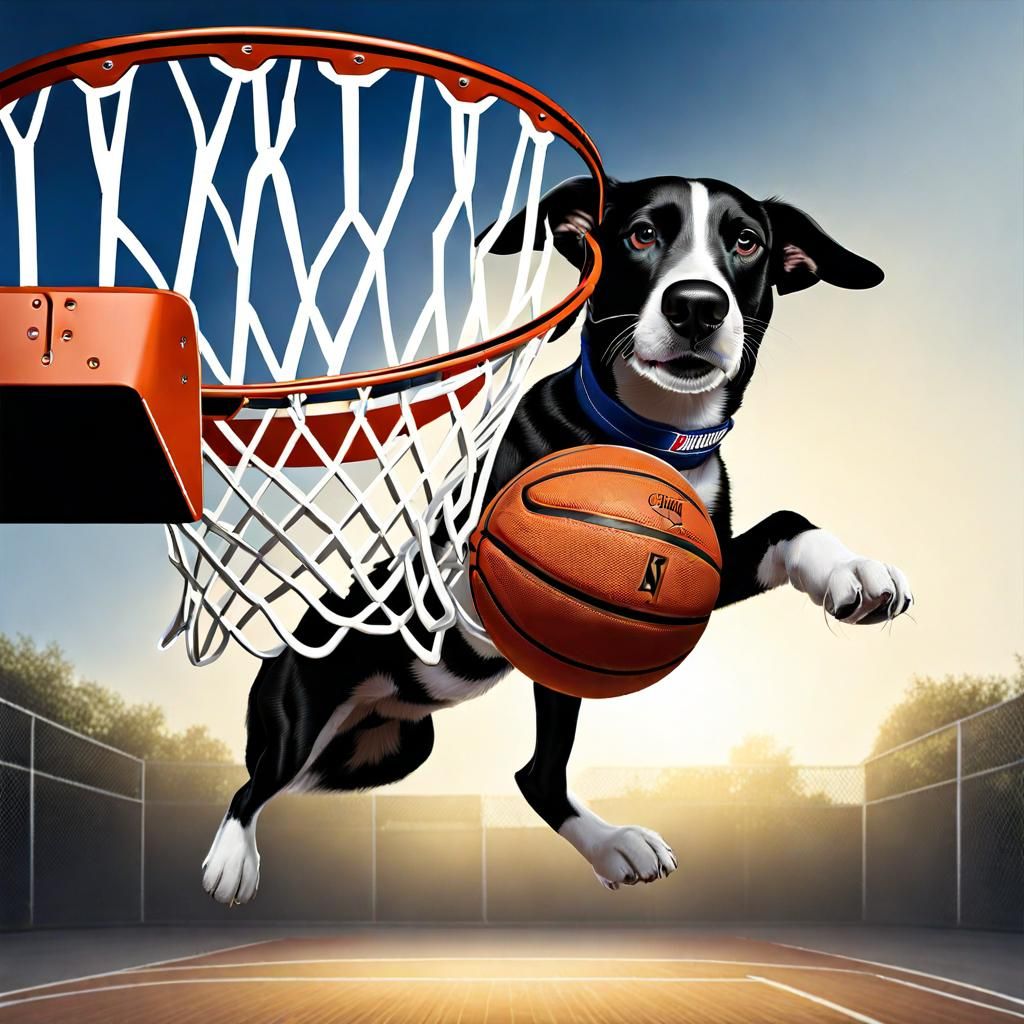 A scene of a dog, forcefully dunking the ball over the rim. The dog is ...