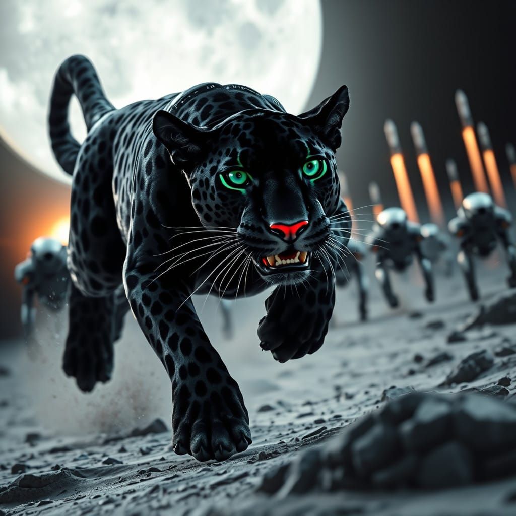 Midnight Leopard Leaps Across Lunar Surface, Chase... - AI Art