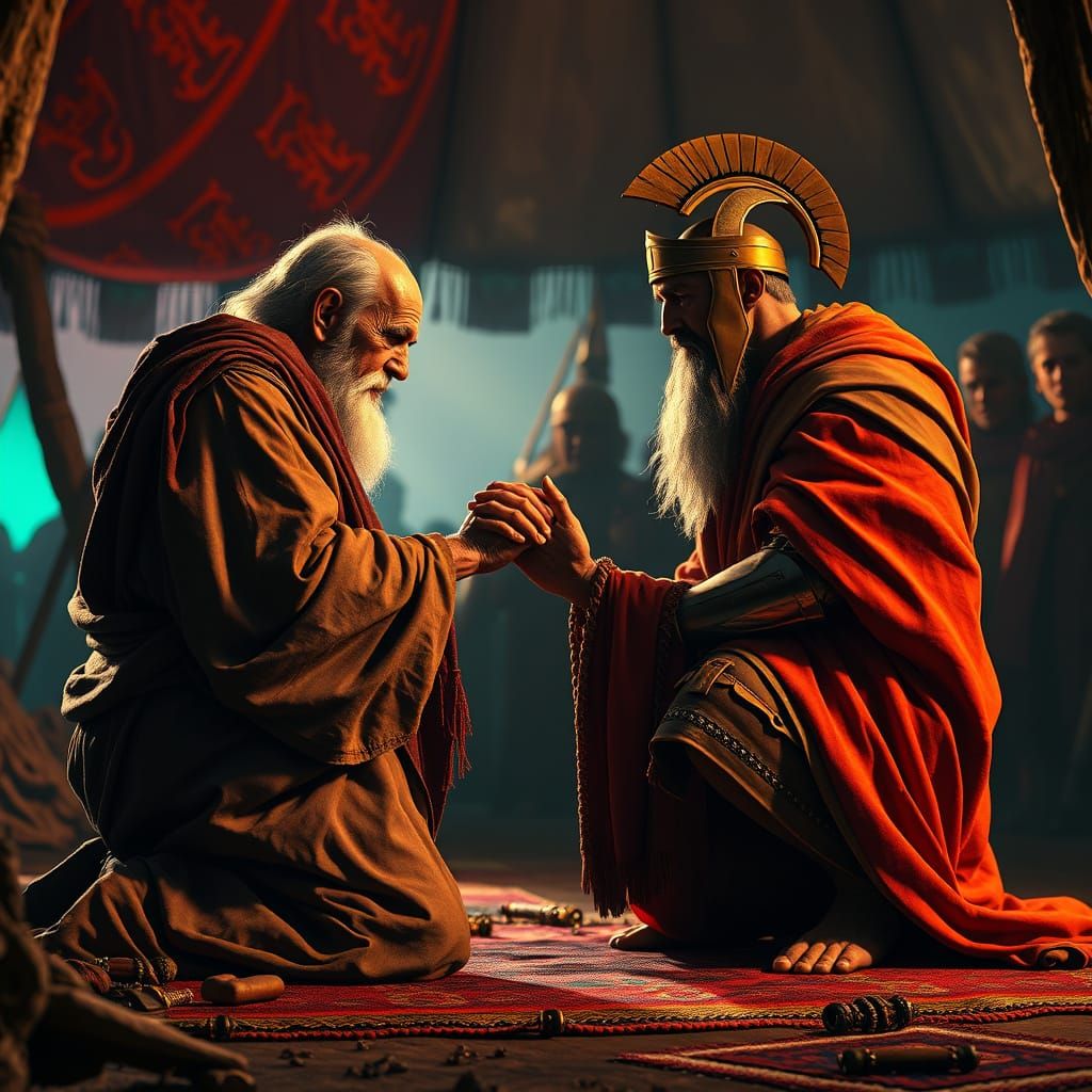 King Priam, kneeling before Achilles