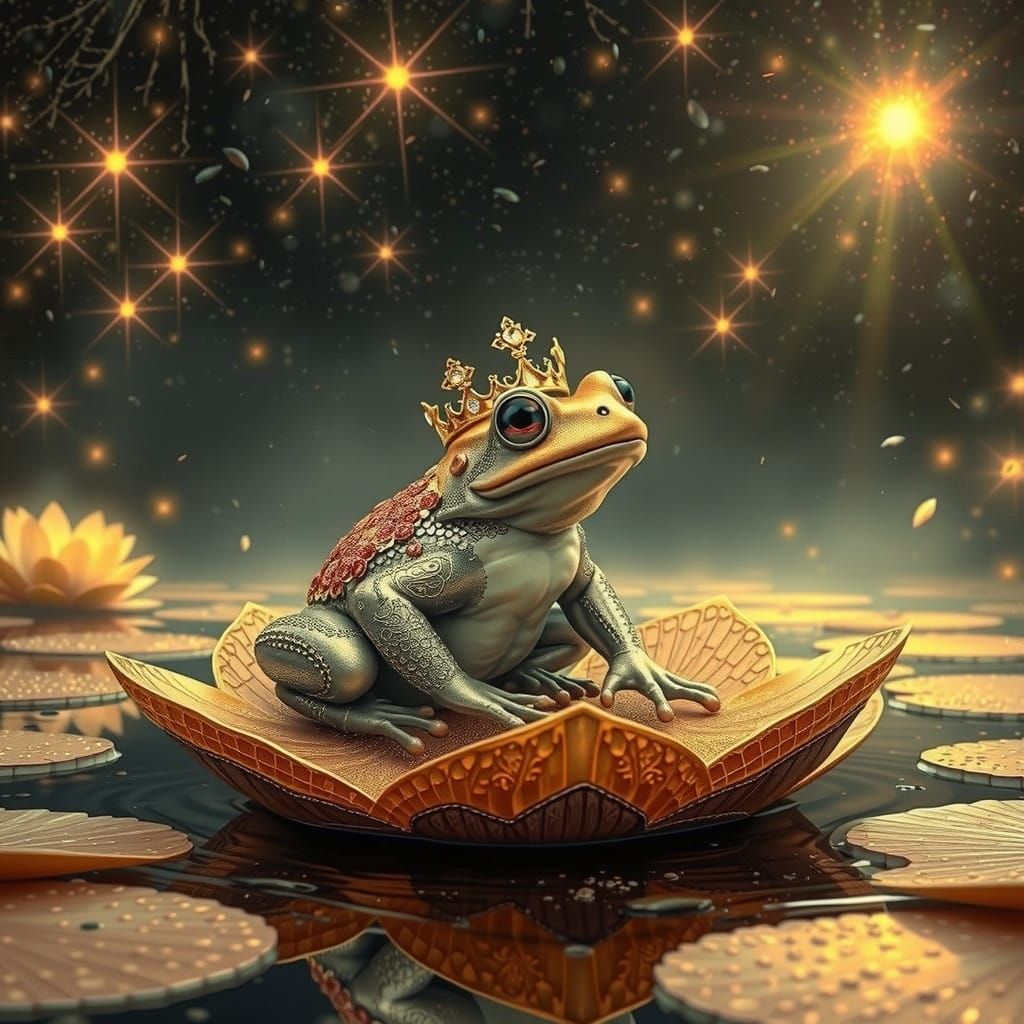 A frog made of silver and gold jewels sitting on a lotus leaf made of ...