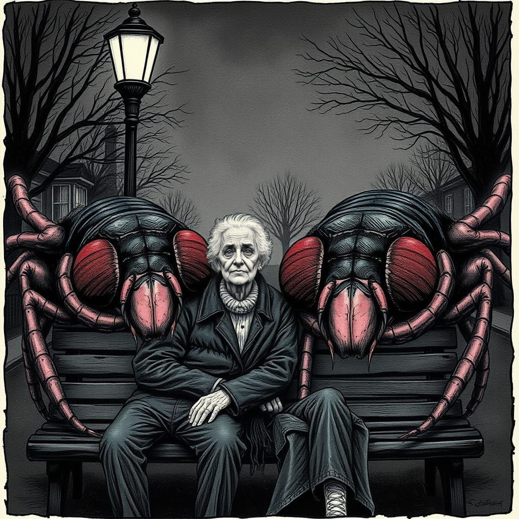 create photo of an old realistic couple in a dark dramatic cross ...