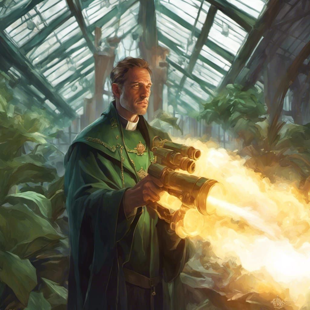 Reverend Green with the bazooka in greenhouse - AI Generated Artwork ...